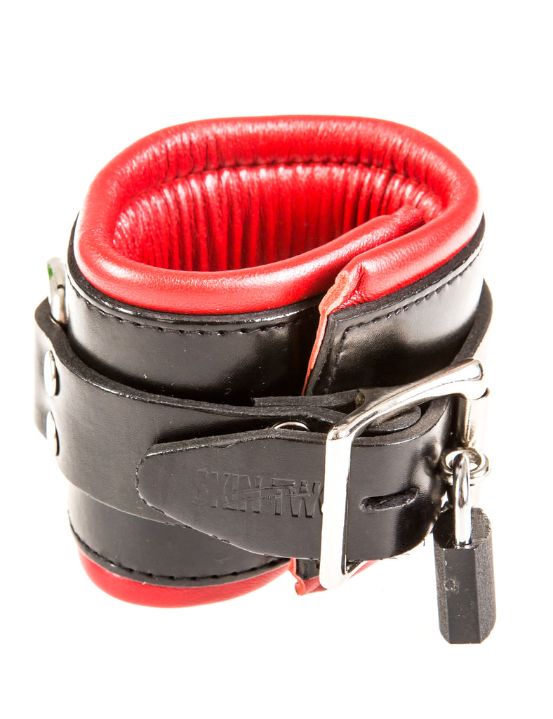 Leather Deluxe Padded Wrist Cuffs Black and Red – Skin Two UK
