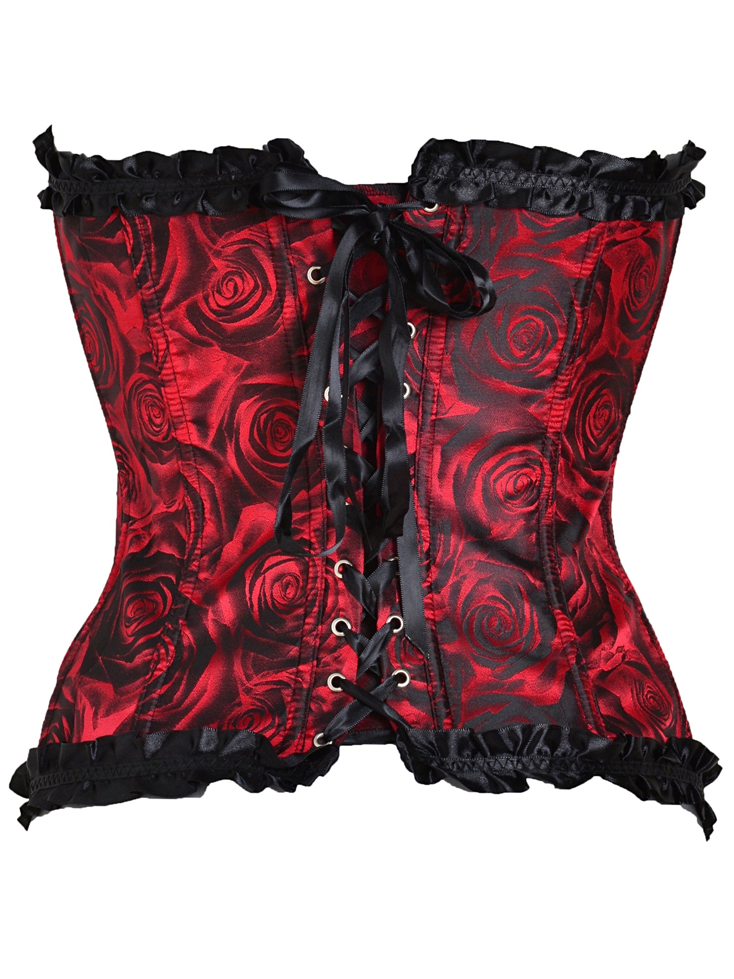 Satin Rose Corset With G-String Black And Red – Skin Two UK