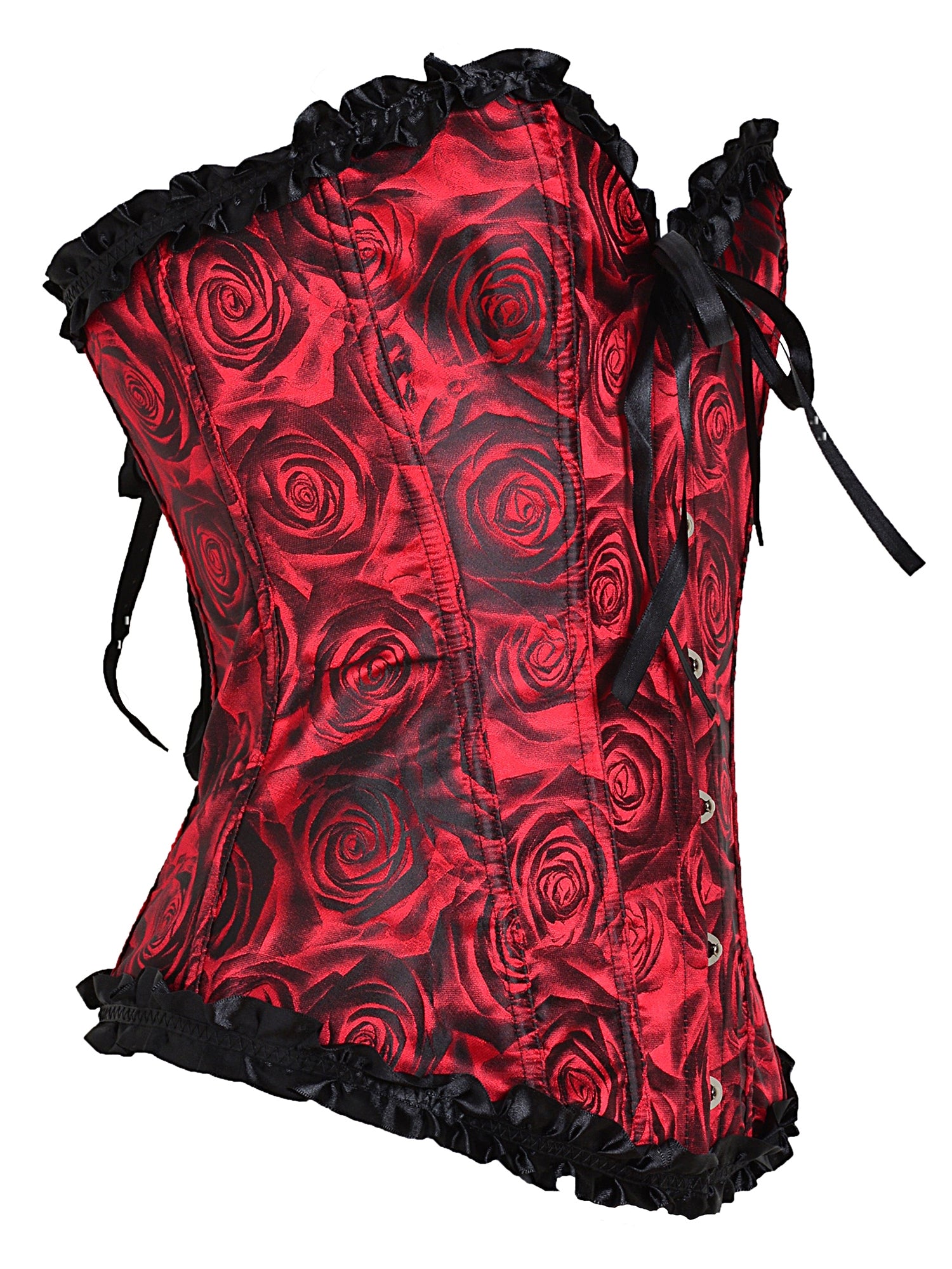 Satin Rose Corset With G-String Black And Red – Skin Two UK