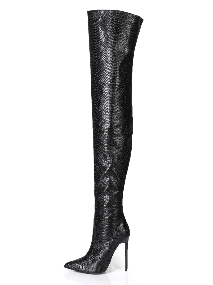 Zazu Black Snake Thigh Boots | Leather Look Boots From Giaro – Skin Two UK