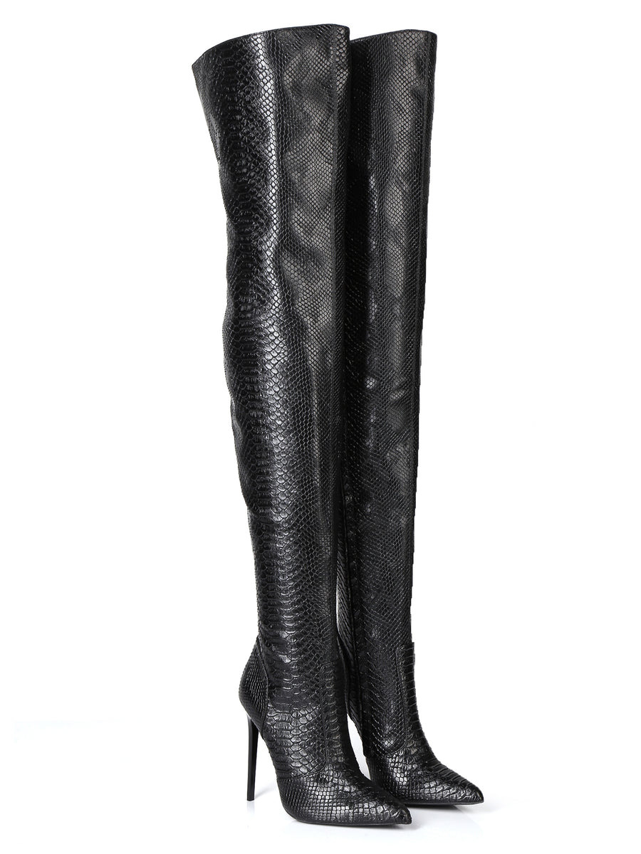 Zazu Black Snake Thigh Boots | Leather Look Boots From Giaro – Skin Two UK